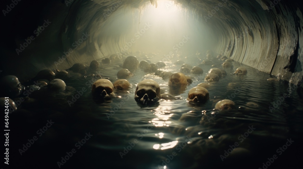 Horror scene of floating human skulls in a sewer tunnel, skeletal ...