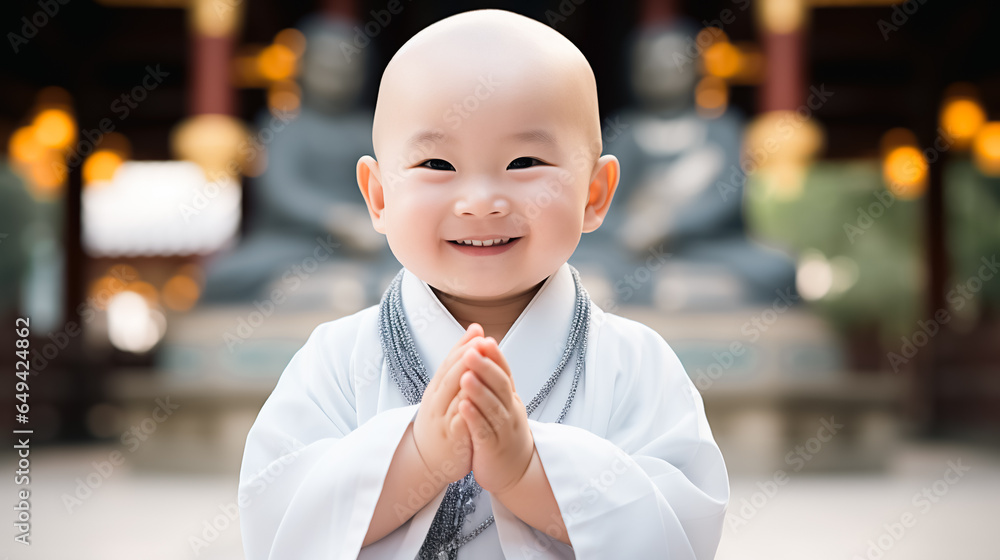 Meditation. Baby buddha holds hands in praying gesture, has sense of ...