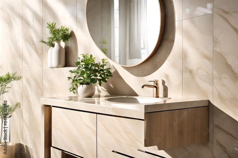 Modern and minimal design of cream colored bathroom vanity with marble ...