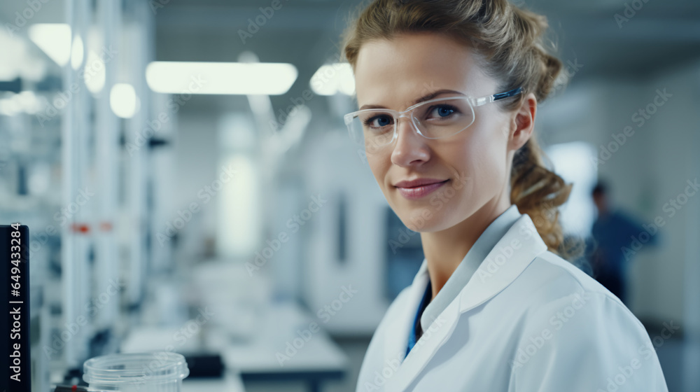 a German woman sits in a laboratory filled with chemical equipment ...