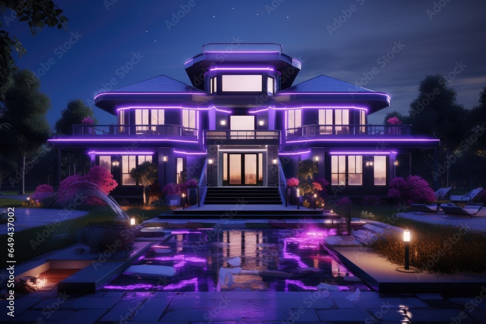 Design of a modern country house with purple neon lighting Stock Photo ...