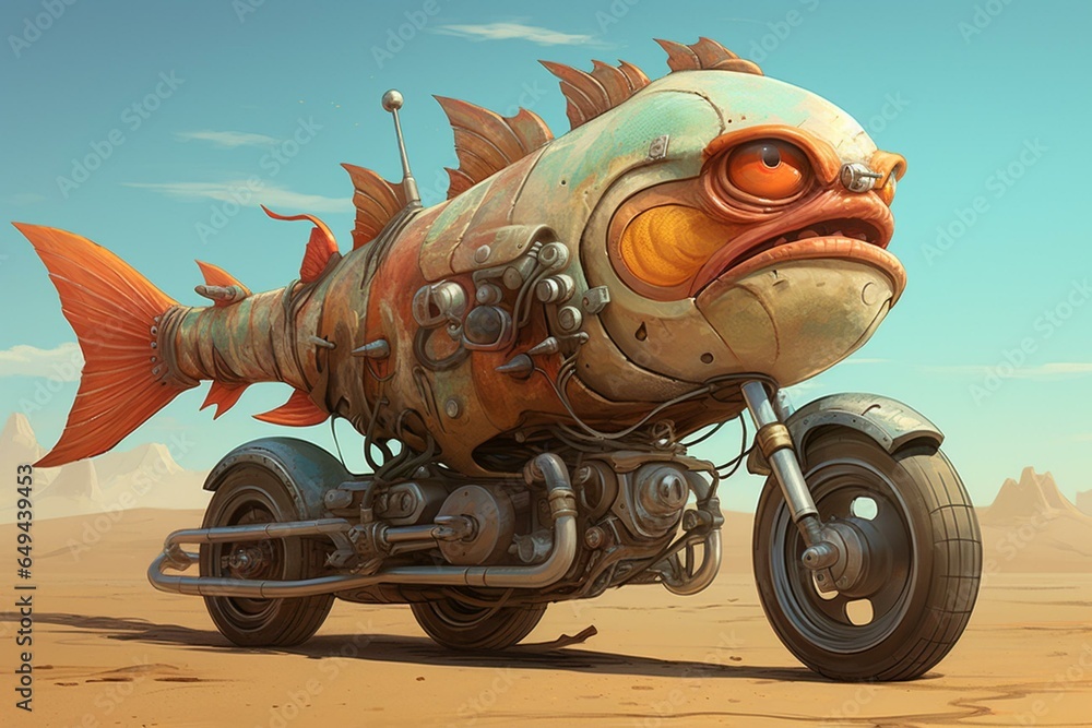 Unique illustration of a fish on a motorcycle in a desert-like location ...