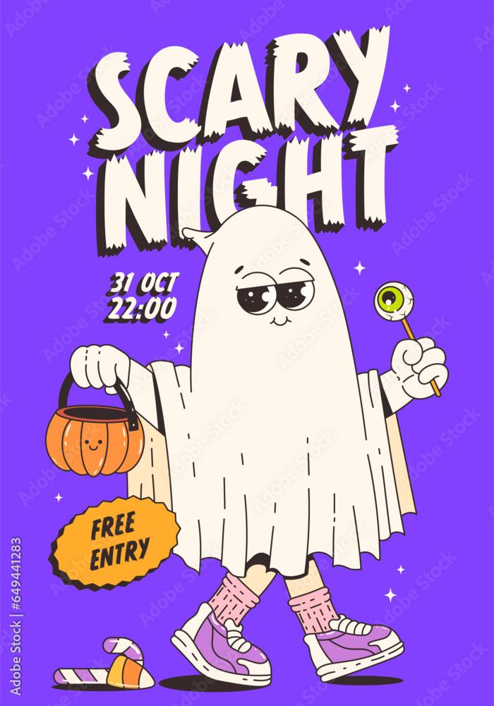 Halloween party invitation. Trendy retro groovy style and funny ghost ...