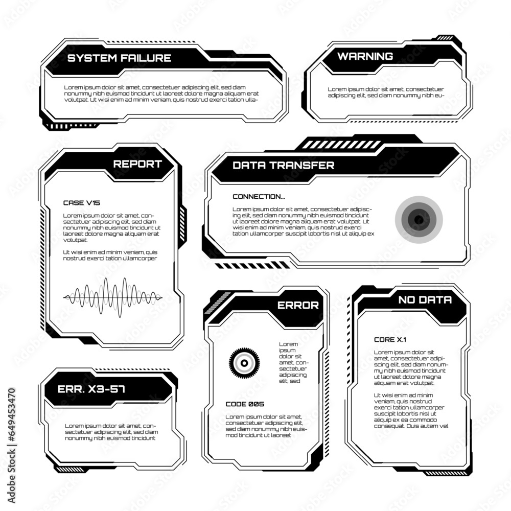 Black futuristic HUD, UI elements. Sci-fi user interface text boxes ...