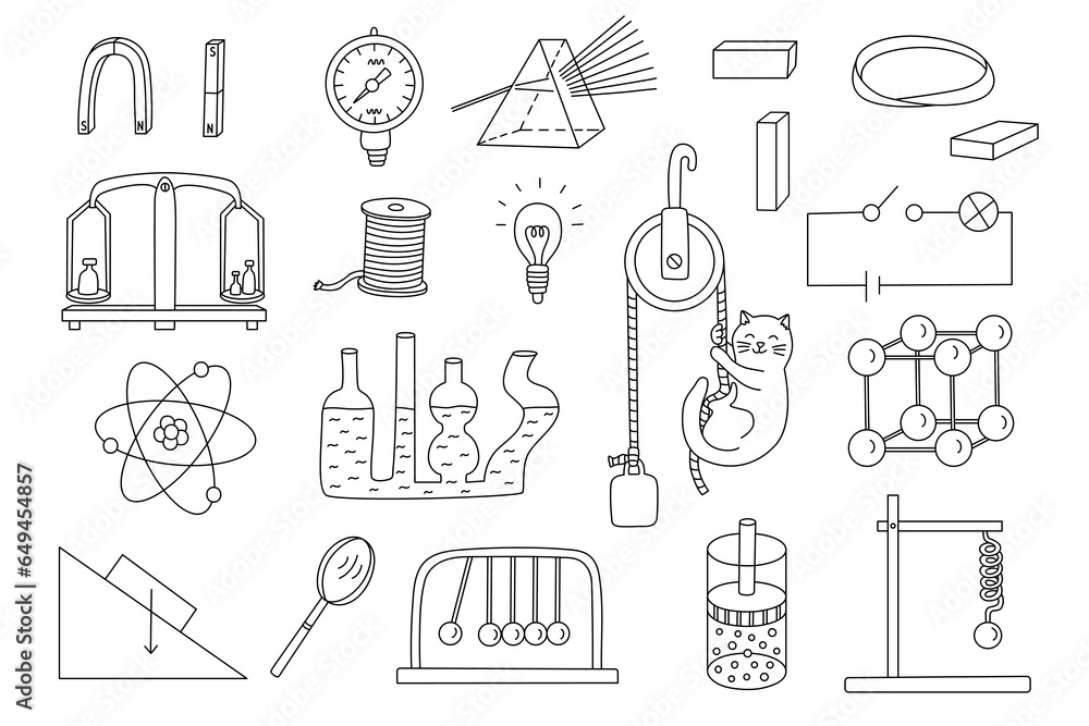 Physics sciences set. Hand drawn doodle vector illustration black ...