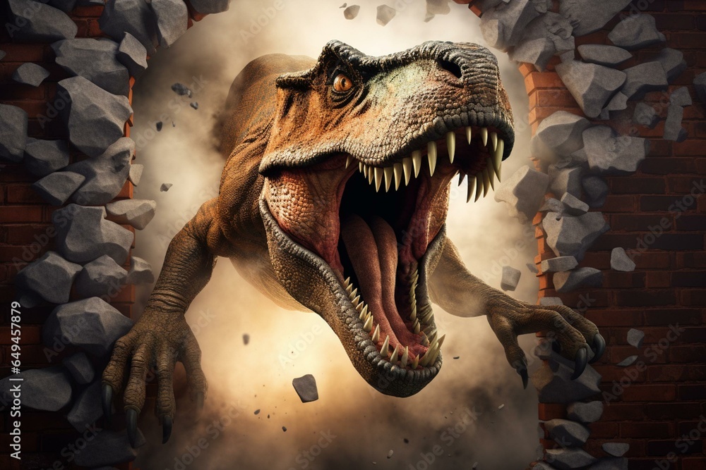 An intense image of a fearsome tyrannosaurus rex bursting through a wall symbolizing success and ...