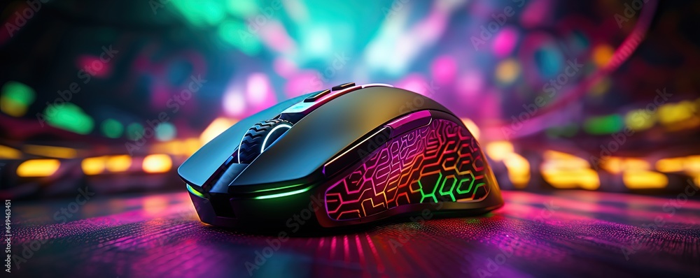close up black mouse on table desk with rainbow glow light, idea for ...