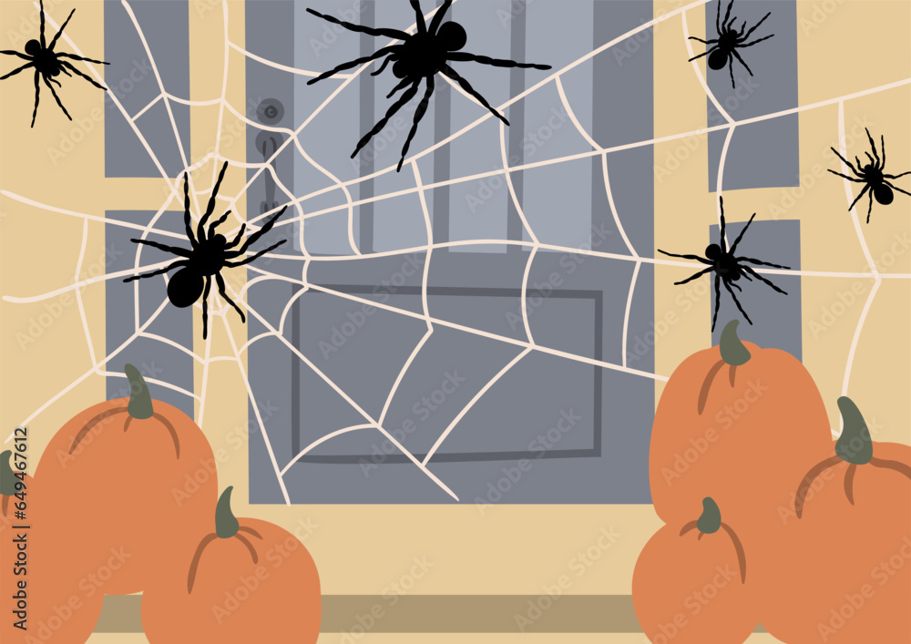 Halloween scene clipart, Spooky decorated door vector illustration ...