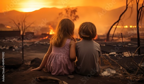 two girls sitting on burning ground remnant of town after catch on fire ...