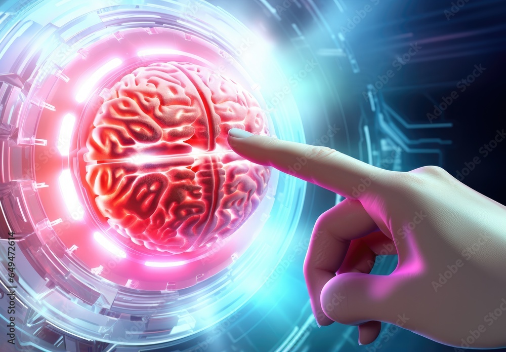 The concept of artificial intelligence. The hand presses the button. An ...