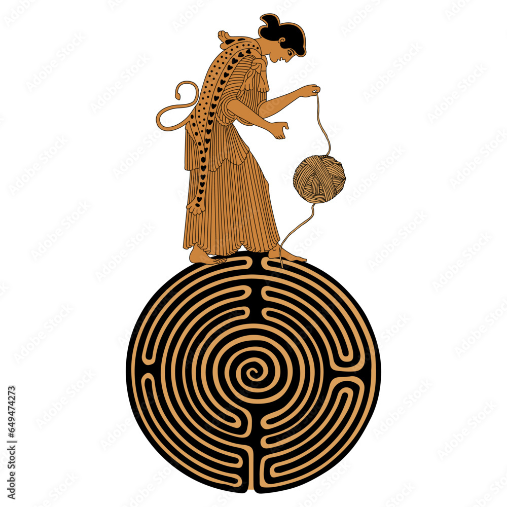 Ariadne thread. Ancient Greek woman standing on a round spiral maze or ...