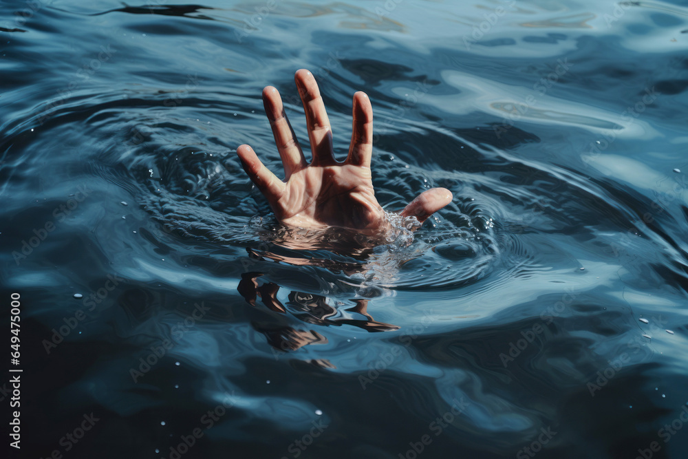 The desperate hand of a drowning person in sea water, quickly needing ...