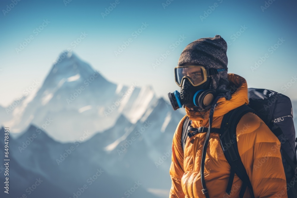 an alpinist wearing alpinism climber suit in the top of a mountain in ...