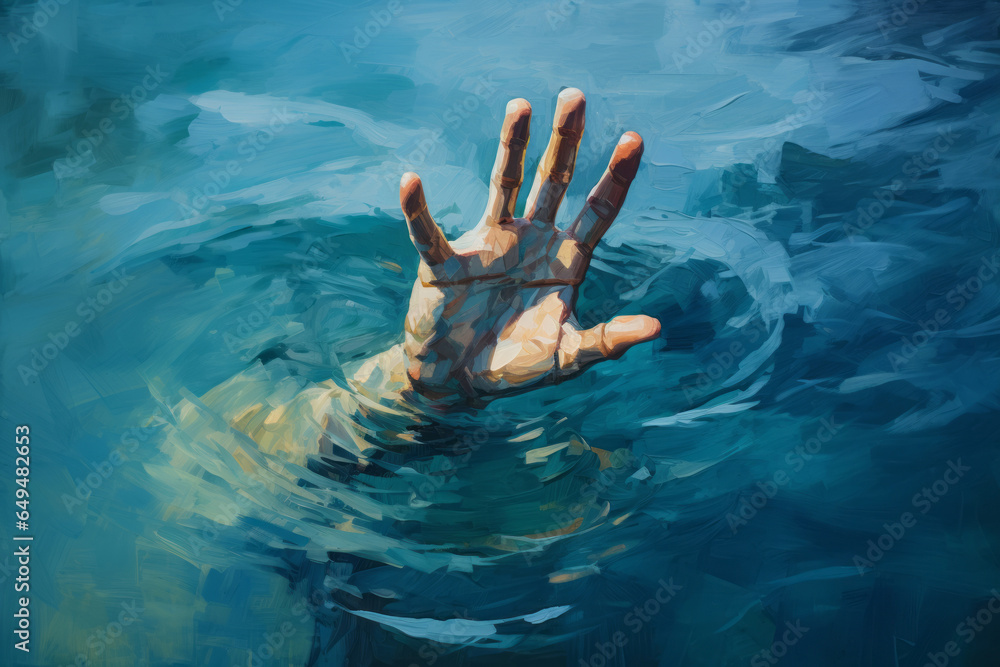 The desperate hand of a drowning person in sea water, quickly needing ...