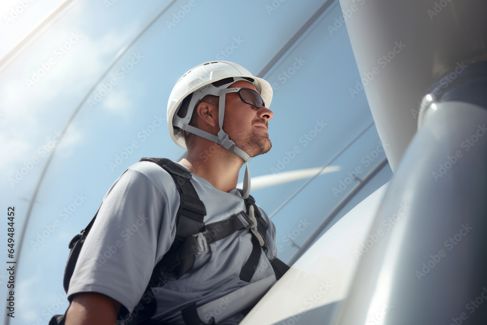 Wind turbine serviceman on a windmill wearing a helmet and safety ...