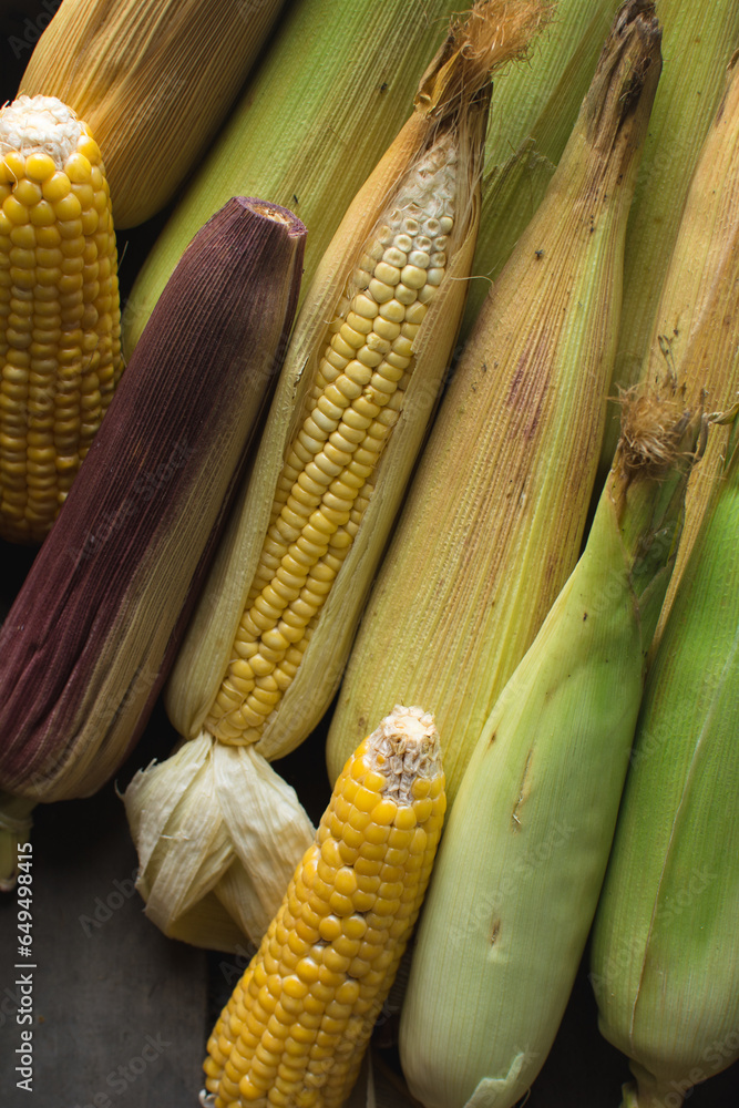 unpeeled cobs of corn in a brown wood box, whole corn in green husk on ...