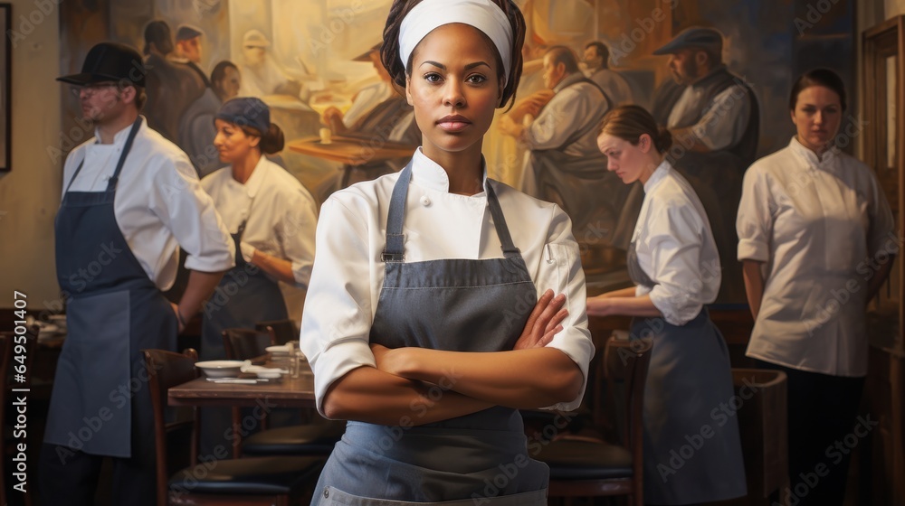 Portrait of a smiling female chef with hands crossed in the kitchen ...