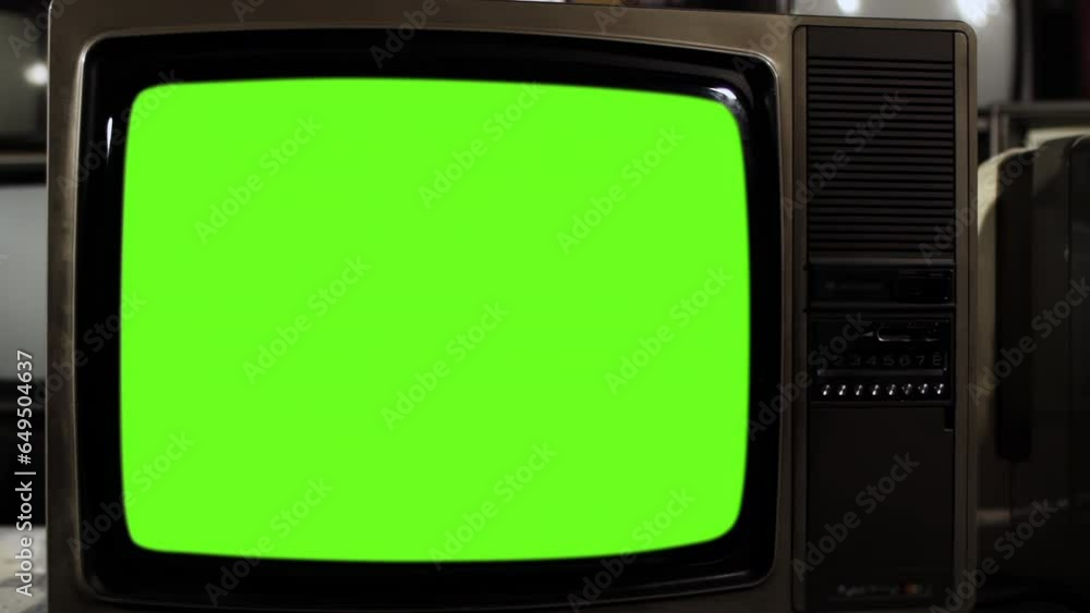 Vintage TV Green Screen. Close Up. Front View. You can replace green ...