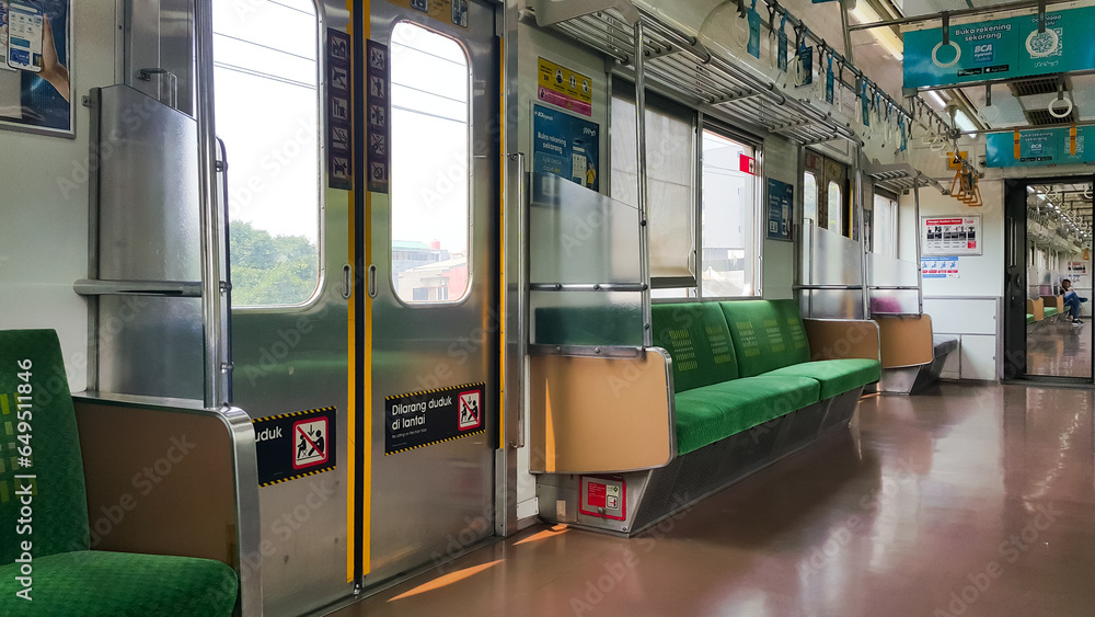 Jakarta, Indonesia - July 22, 2023: View inside the KRL commuter line ...