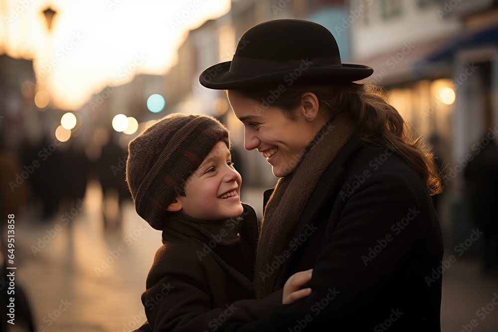 Happy Jewish mother and son celebrating Hanukkah. Portrait of orthodox ...