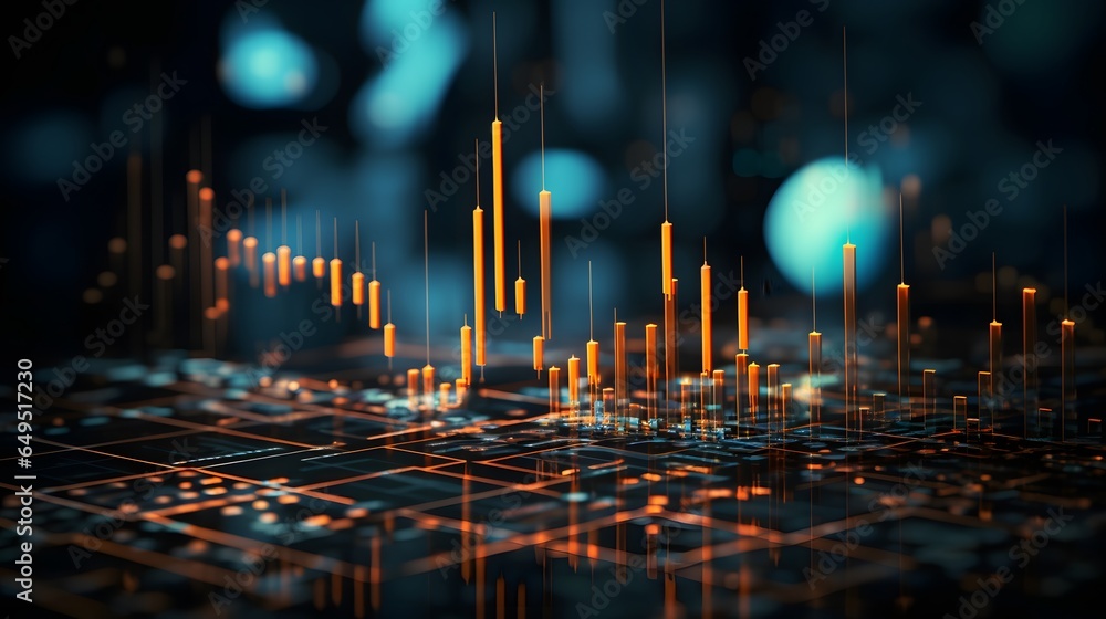 Blank dark bokeh background with digital financial chart indicators ...