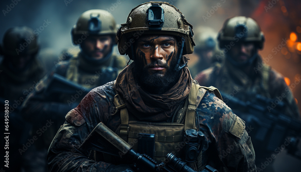 Group of armed forces soldiers in military uniform aiming rifles ...