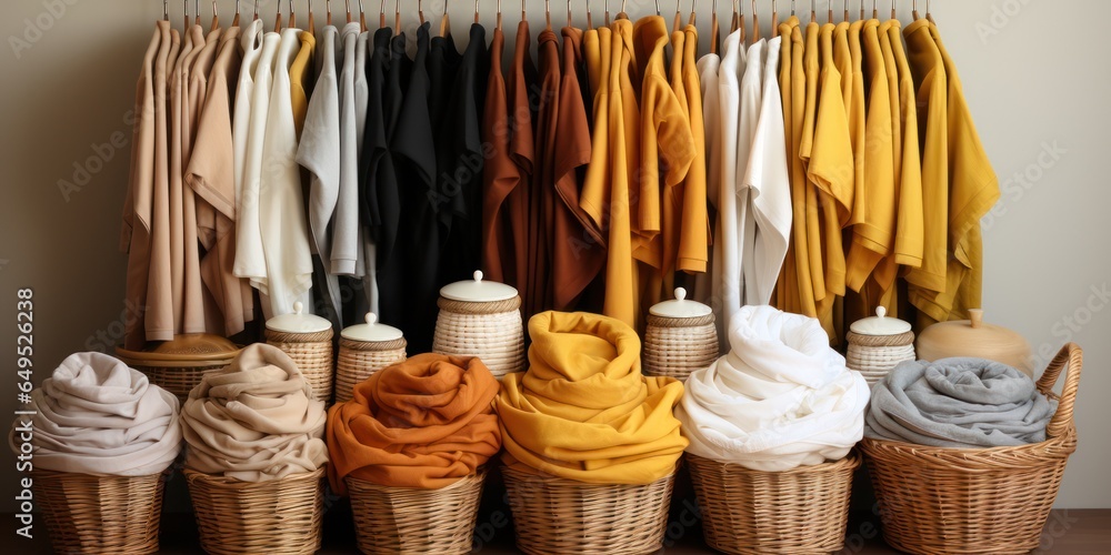 variety of fashionable clothes on hangers.baskets with clothes and ...