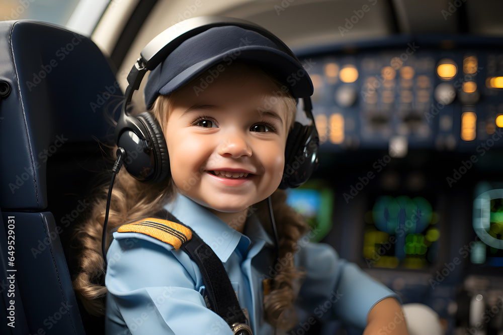 Child cute girl airplane captain or child pilot sits inside the cockpit ...