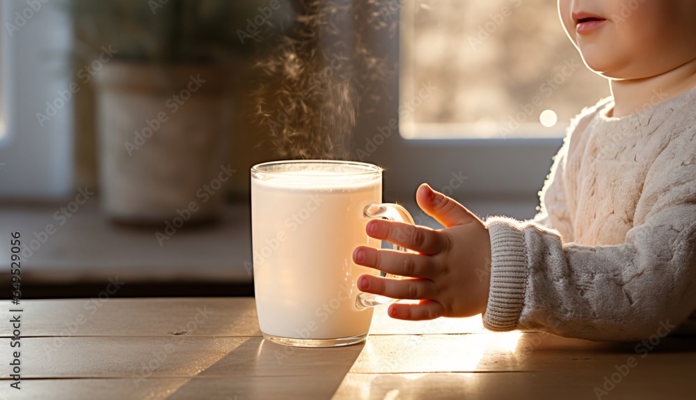 A child sits on a chair, hands reaching for a glass of hot milk ...
