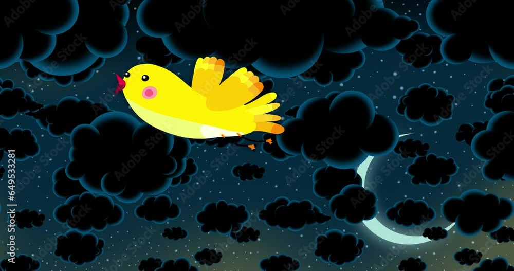 Bird yellow canary cartoon animation character isolated flying at night ...