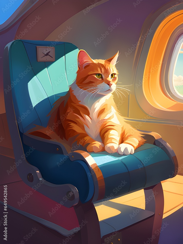 cartoon cat sitting in a airplane in a window of the plane. Stock ...