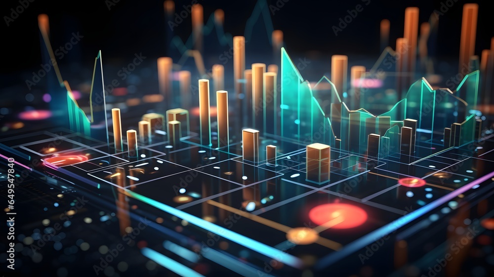 Perspective view on infographic chart with digital graphs, diagram and ...