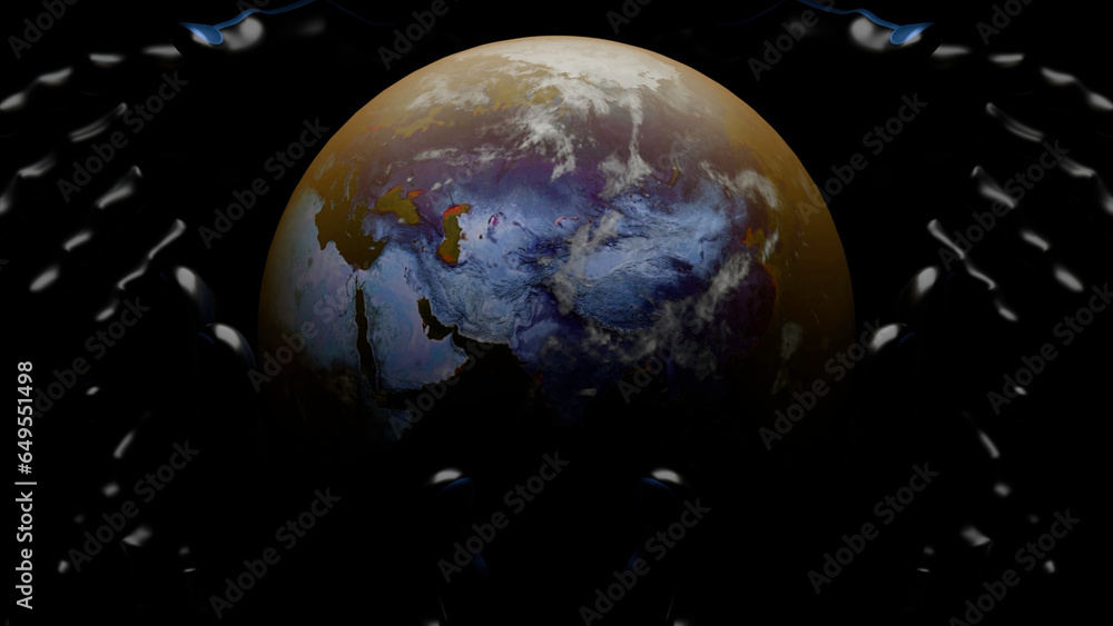 Black background with rotating planet and patterns. Design. Around its ...