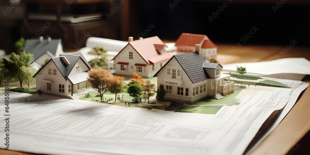 Blueprint designs and a home model for a construction project ...