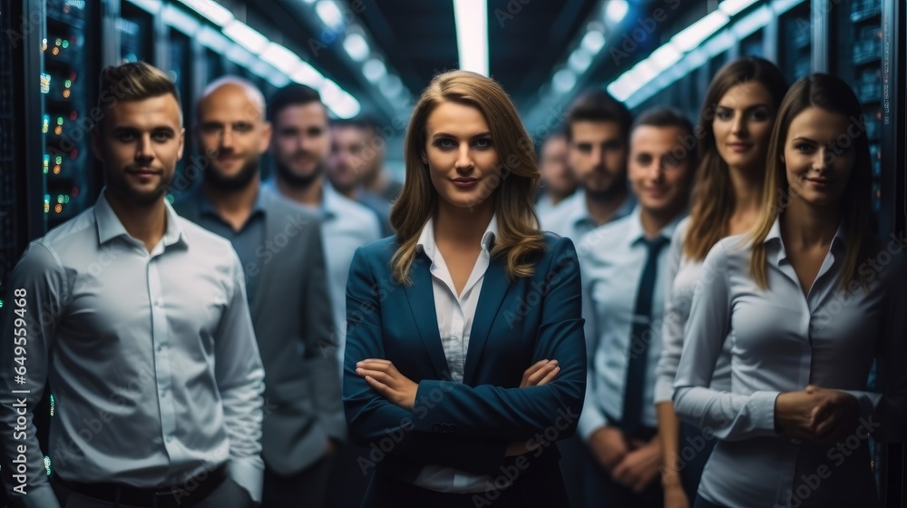 Group of people who work for technology standing in data center room ...