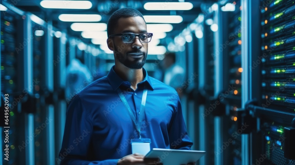Data center officer working in a data center with server racks, wires ...