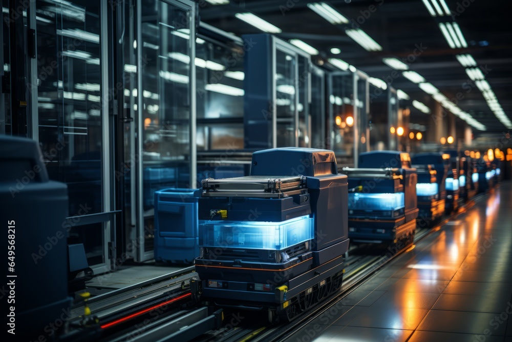 High-tech warehouse with automated robots efficiently moving products along shelves, Generative ...