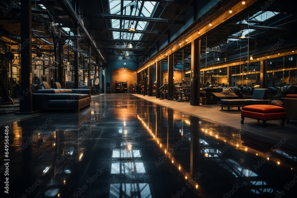 Warehouse converted into a gym, with rows of exercise equipment and ...