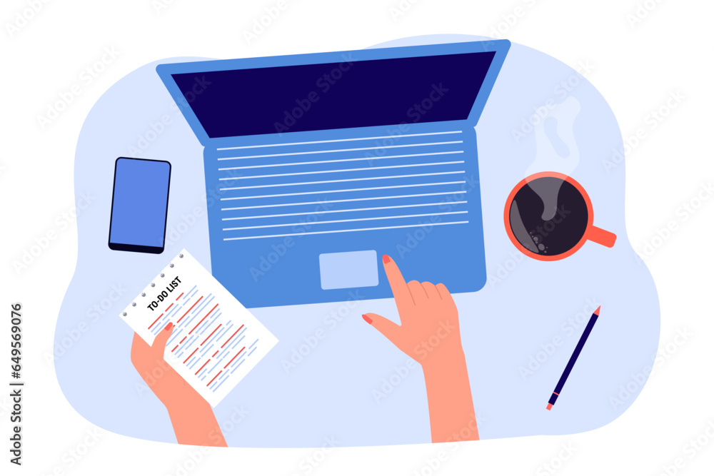 Employee working on computer from home vector illustration. Organized ...