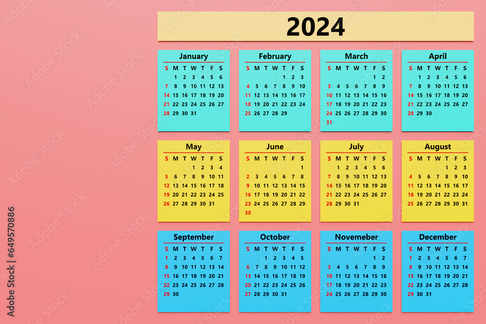 Multicolored monthly calendar template in minimalist style for 2024 ...