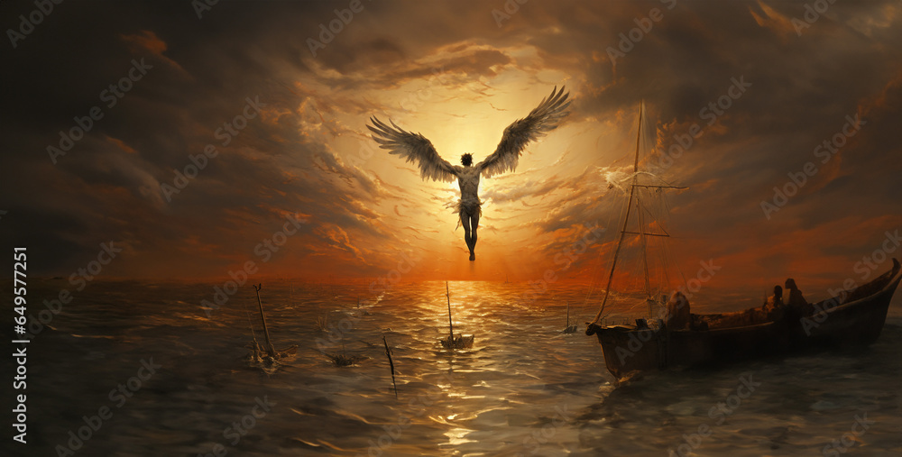 Fotografía Icarus falling to his death into the sea after fly hd ...