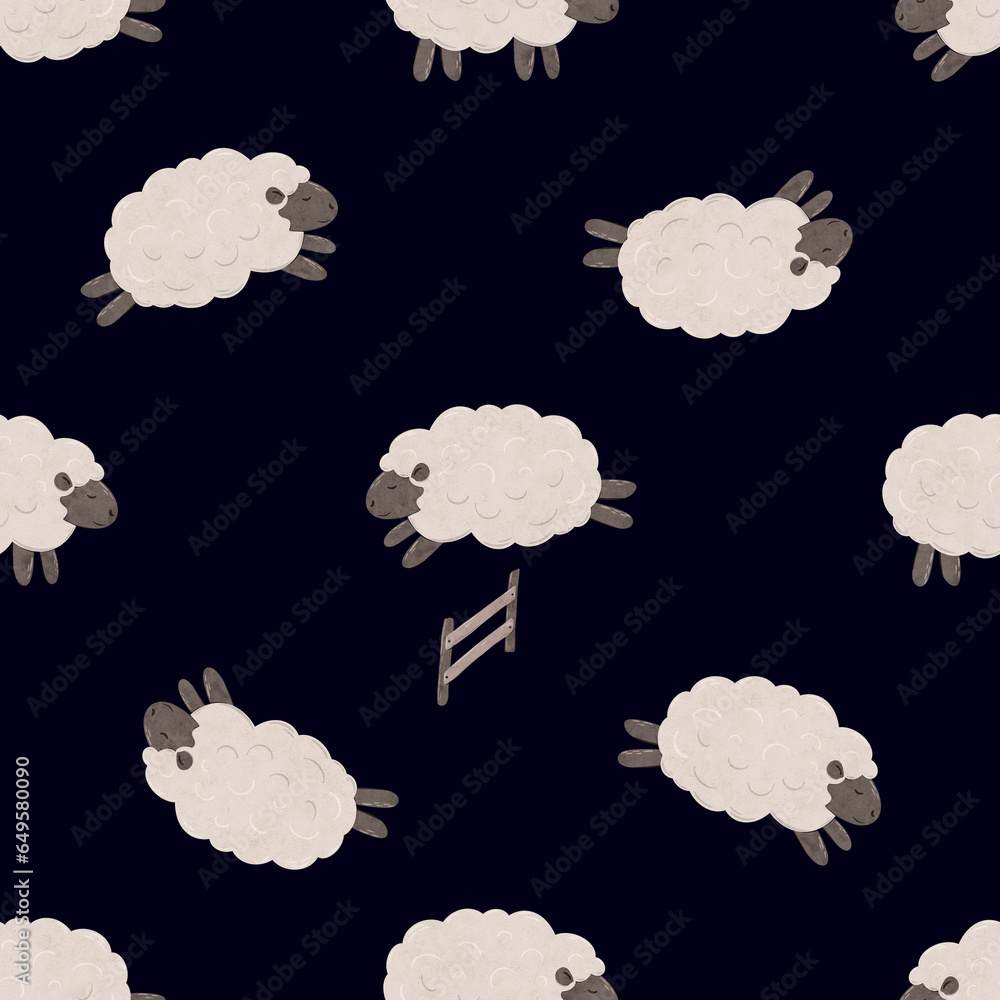 Seamless pattern with Cute cartoon baby Sheep jumping over the fence ...