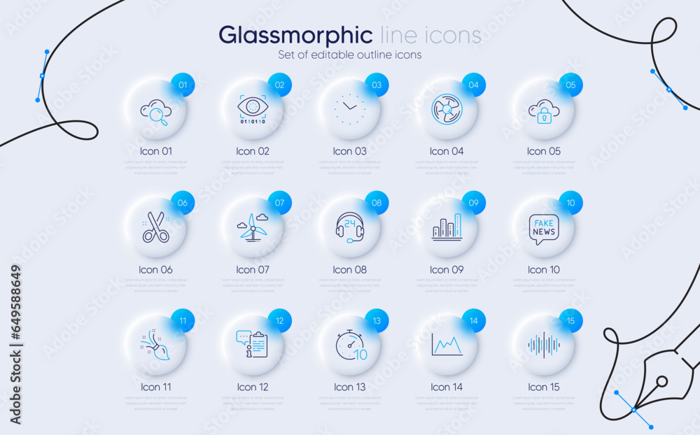 Set of Diagram, Sound wave and Graph chart line icons for web app. Clipboard, Cloud protection ...