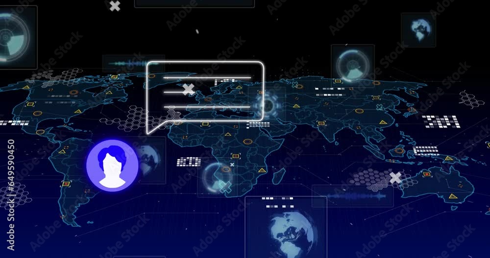 Animation of message box and profile icons, globes, radars and map over black background Stock ...