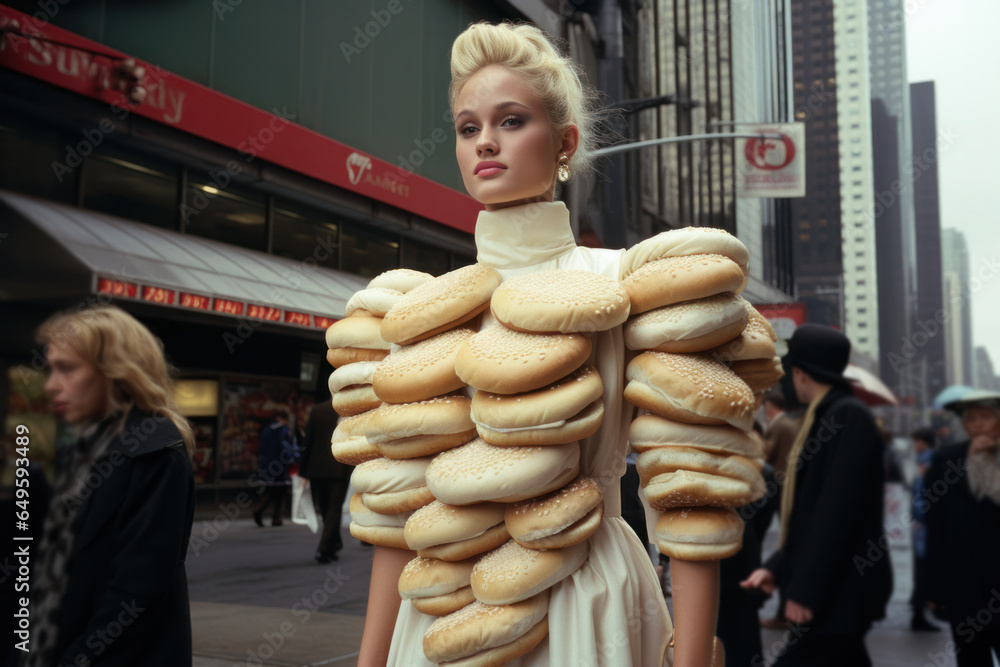 Girl in a dress made of hamburgers. A poignant social concept ...