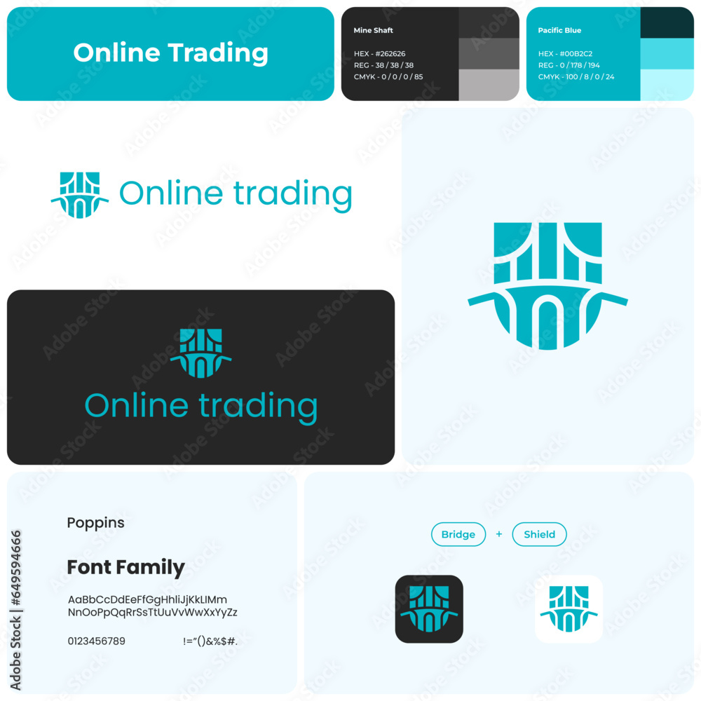 2D online trading linear business logo with brand name. Bridge and ...