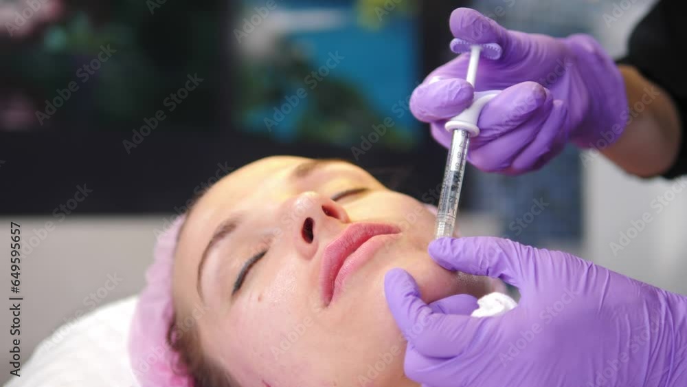 Doctor injecting hyaluronic acid into female lips. lips shape form ...