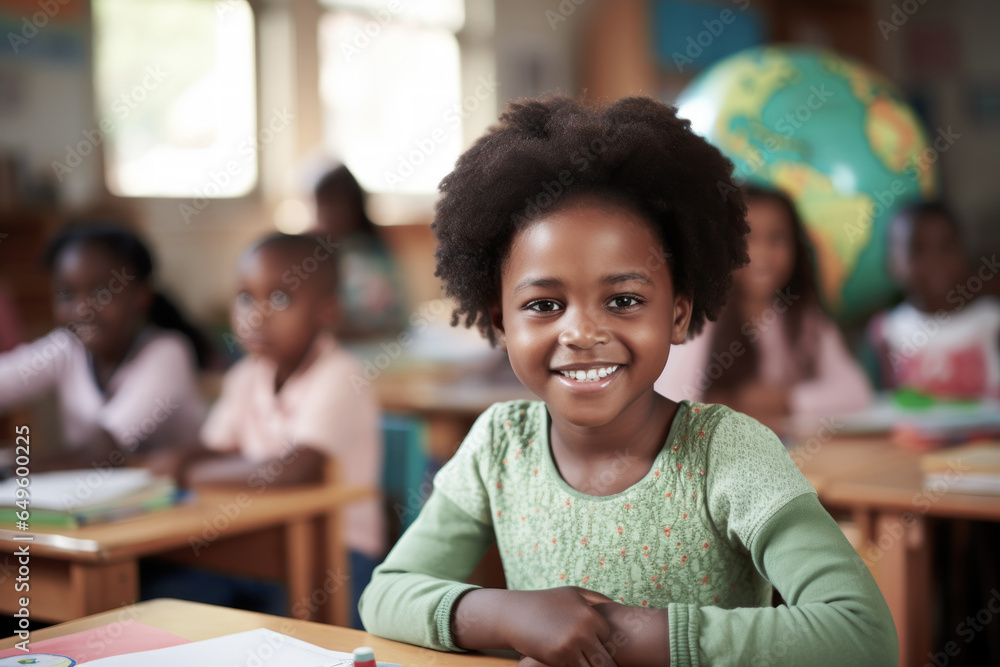 Portrait of a smiling African-American kid girl in classroom of ...