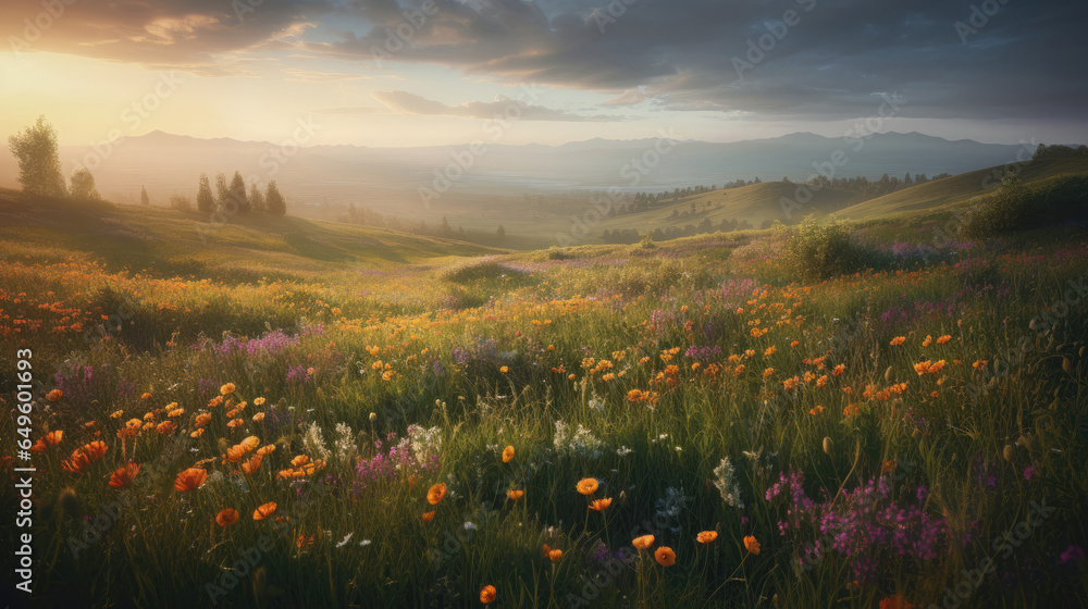 Rolling hills and meadows with colorful flowers in summer Stock ...