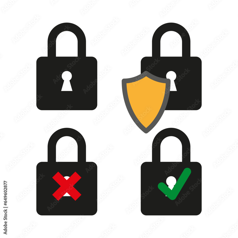 Locks with different signs. Lock with a shield, lock with a tick, lock with a cross. Vector ...